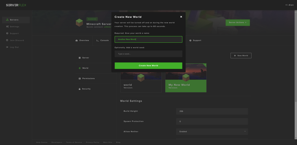 How do I create a new world on a Minecraft server? | ServerFlex
